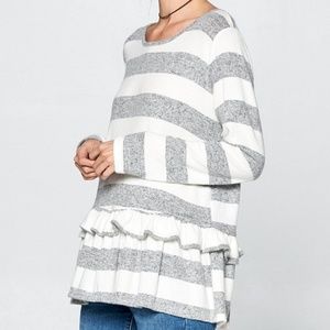 Tops | Gray Longsleeve Striped Ruffled Hem Top | Poshmark